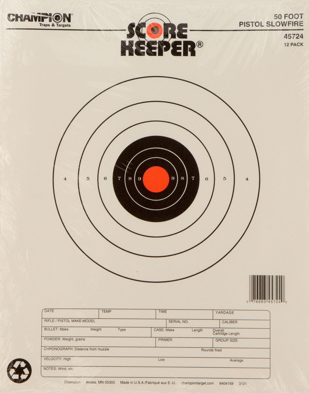 Champion Targets Scorekeeper 50ft Pistol Slowfire Bullseye Hanging Pap ...